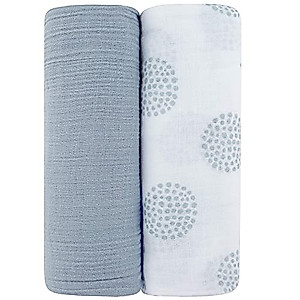 Ely's & Co. Cotton Muslin Swaddle Blanket 2-Pack for Baby Boy — 100% Cotton Muslin Extra-Large Swaddle Blankets (47” x 47”) Misty Blue, Solid & Dottie Design