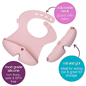 b.box Silicone Bib: Baby Bibs for Boys & Girls Ages 4m+. Dishwasher Safe FDA Food Grade Silicone. Adjustable, Soft, Waterproof. Unique Stay-Open Food Catcher, Roll & Secure for On-The-Go (Blush)