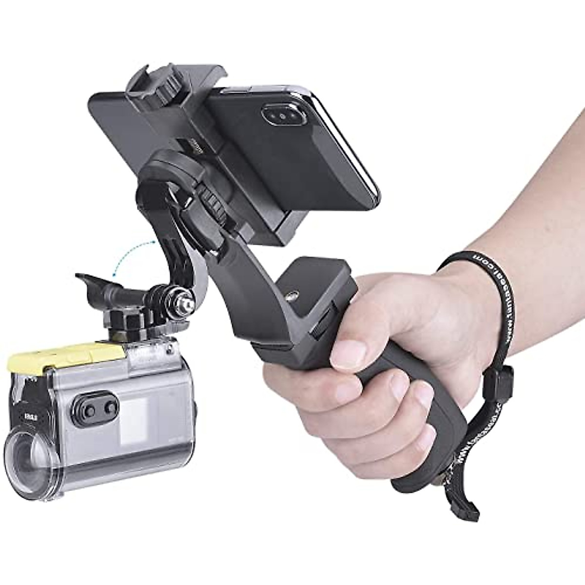 2in1 Ergonomic Portable Action Camera+Smartphone SYN Hand Grip Stabilizer Combo Mount Video Vlogging Rig Holder Kit for GoPro iPhone Interview Travel YouTube Tiktok Streaming-Mic+Light Adapter