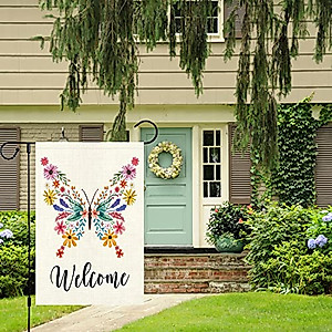 Welcome Spring Floral Garden Flag 12x18 Double Sided, Burlap Small Vertical Spring Butterfly Flower Garden Yard Flags for Seasonal Outside Outdoor House Decoration (Only Flag)