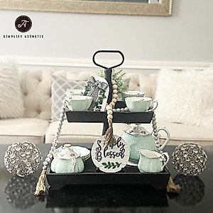 Pine Wood Tiered Tray - 2 Tier Tray - Farmhouse Tiered Tray - Two Tiered Tray - Island Decorations for Kitchen - 2 Tiered Tray Stand with 39" Beads and Home Sweet Home Sign (Black)