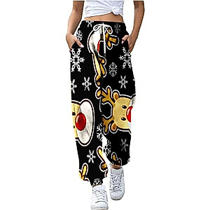 Baggy Sweatpants,High Waisted Sweatpants for Women Christmas Print Elastic Waisted Graphic Sweatpants Drawstring Straight Leg Lounge Bottoms Snowflake Graphic Print Black XL