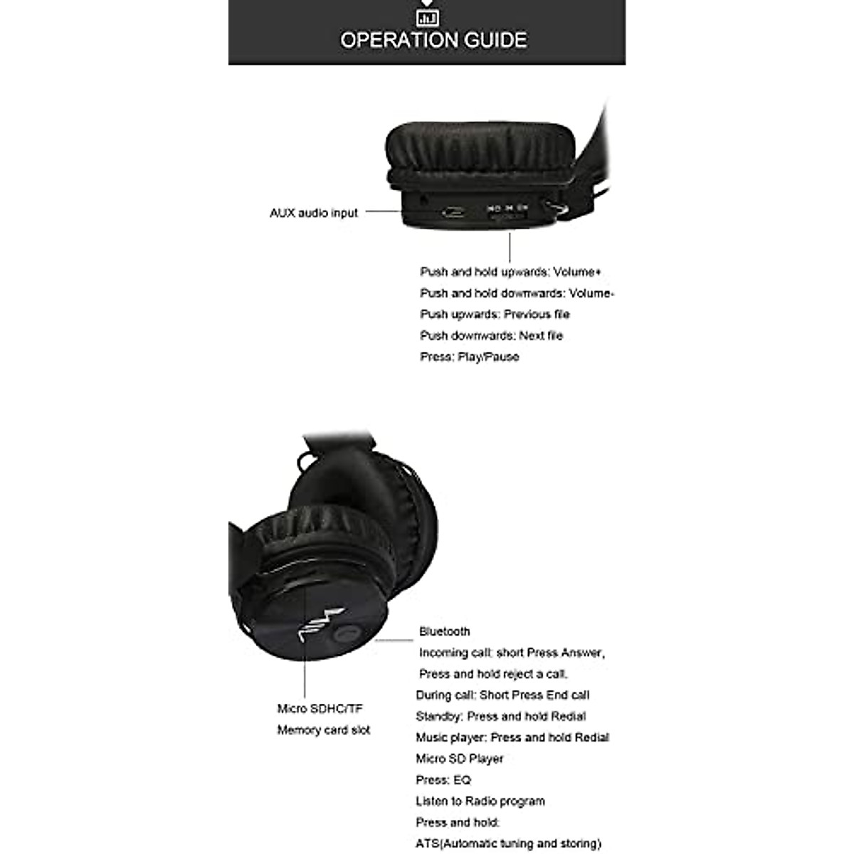 NIA Wireless Over Ear Headphones, Multifunctional Foldable Colorful Stereo Bass Bluetooth Headsets with 3.5mm Jack/Microphone/MP3 Player/FM Radio On-Ear Headset for Kids/Children/Phone/Tablets, Black