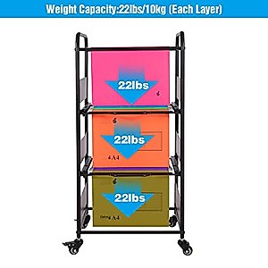 ALAPUR Rolling File Carts with Wheels Hanging Files,3 Tier Metal Filing Cart Organizer for Letter Size Movable Pull-Out File Folder Rack