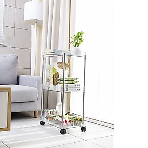 LYZOLICS 3-Tier Slim Storage Cart Mobile Shelving Unit Organizer Slide Out Storage Rolling Utility Cart Stainless Steels Tower Rack for Kitchen Bathroom Laundry Narrow Places (Transparent, 10.23inch)