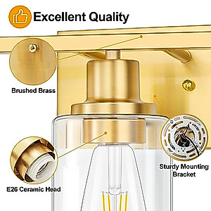 3-Light Brushed Gold Bathroom Light Fixtures, Brushed Brass Vanity Light Fixture Modern Bath Wall Sconce Lighting Wall Mount Lights Over Mirror with Clear Glass Shade for Living Room Bedroom Hallway