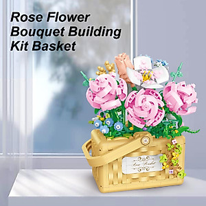 Sopu Flower Bouquet Building Kit Bonsai Rose Fowers, Artificial Flowers Building Blocks Set, Valentines Day Gifts for Him Her, Birthday Gifts Valentines Gifts for Her Women (Pink Flower Basket)