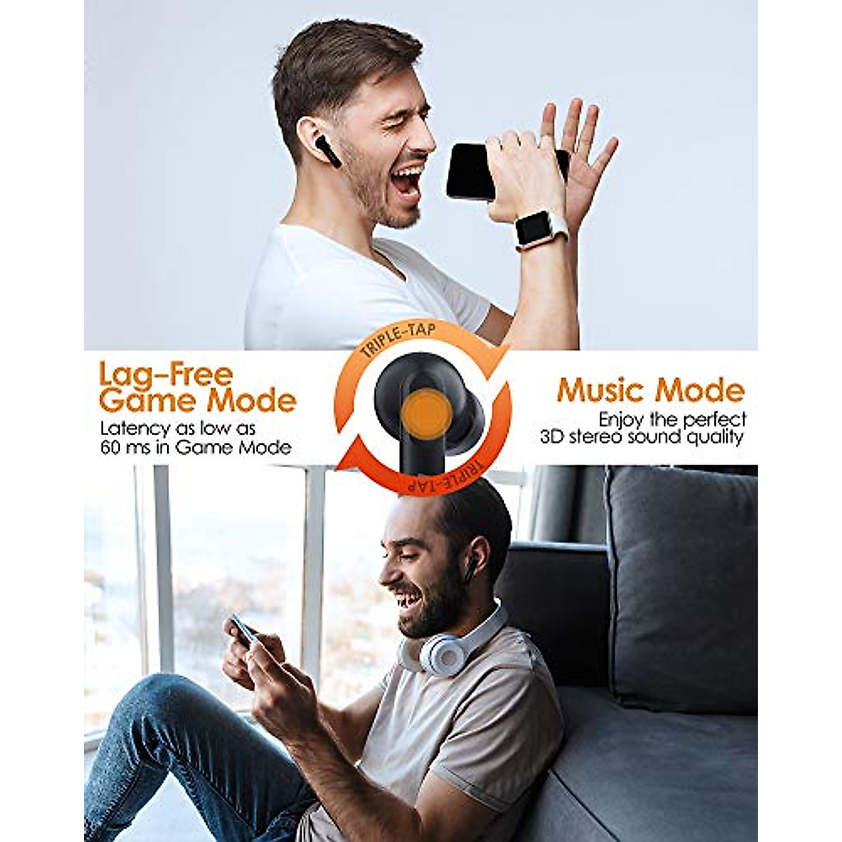 DTTO J-10 Active Noise Cancelling Earbuds with 60ms Low-Latency Game Mode, Wireless Charging Case Bluetooth 5.2 Auto-Pairing Touch-Enabled Voice-Assistant, Immersive Sound Deep Bass IPX8 Sweatproof