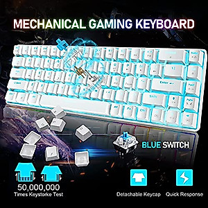 60% Mechanical Gaming Keyboard and Mouse Combo with Mini Ergonomic Anti-ghosting 68Key Multi Backlight 6400DPI Green Honeycomb Mice Type-C Wired for PC Mac Gamer Office Typist(White Blue/Blue Switch)