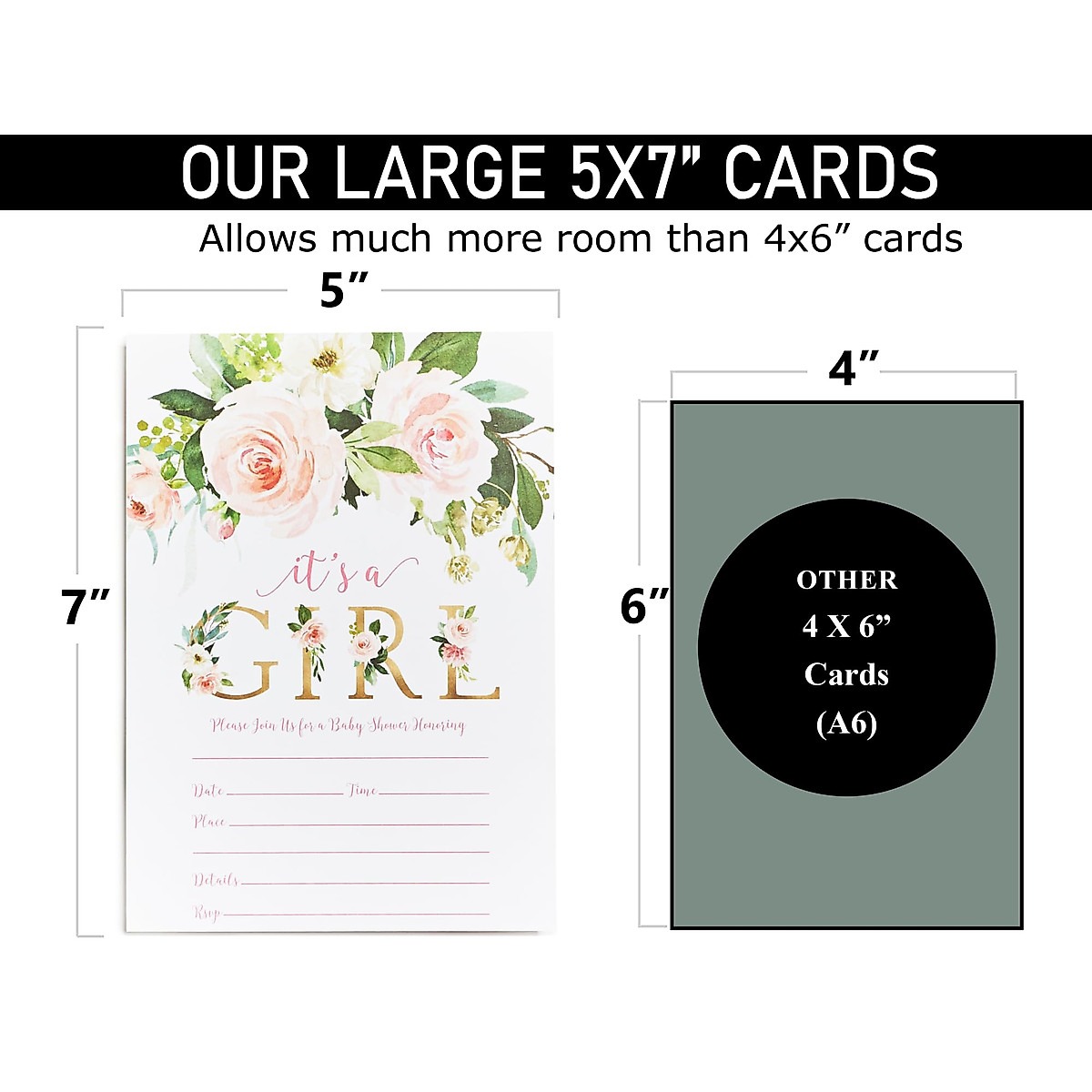 All Ewired Up 25 Pink It's A Girl Baby Shower Invitations with Envelopes (Large Size 5x7) Boxed Set, Double-Sided, Boho Floral Greenery, Sprinkle, Blush Boho