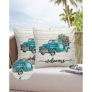 Outdoor Waterproof Pillow Covers for Patio Furniture Cactus with Blue Truck Decorative Throw Pillow Cover Tropical Plants Wood Grain Pillowcases Set of 2 Cushion Case for Sofa Couch Chair 18 x 18 in