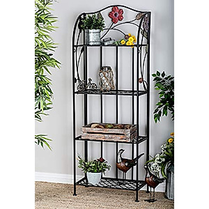Deco 79 Metal Floral Indoor Outdoor Tall Folding 4 Shelf Bakers Rack, 25" x 12" x 68", Black