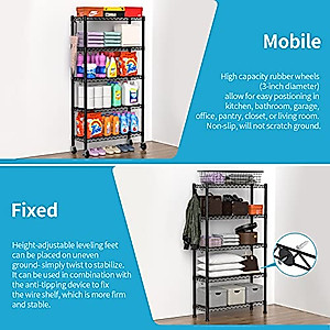 Hodonas 5-Tier Storage Shelves with Wheels, Freestanding Metal Shelves for Storage Wire Shelving Unit Storage Shelf, Metal Shelving Rack for Pantry Garage Kitchen Storage, Black, 36"W x 14"D x 75"H …