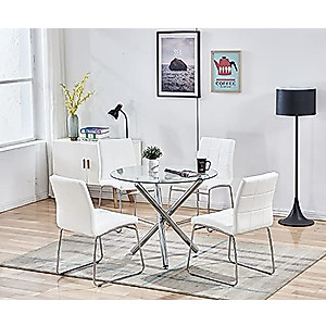 SICOTAS Round Dining Table Set for 4 - Glass Top Kitchen Table and Faux Leather Dining Chairs,Clear Circle Dining Room Table Set,Modern Breakfast Nook Table Set for Dining Room Kitchen Dinette, White