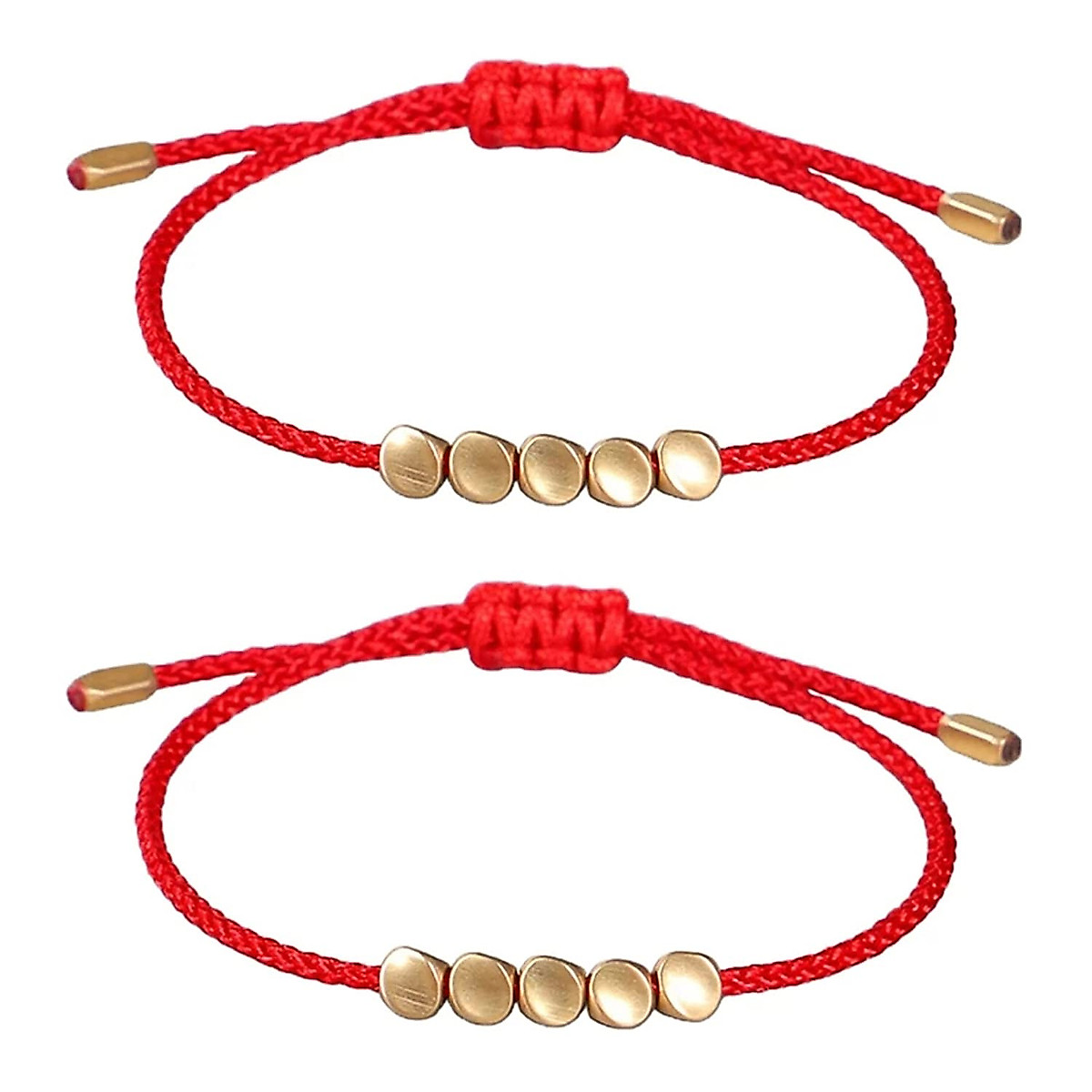 MENGLINA Women Men Handmade 5 Irregular Brass Copper Beads Tibetan Bracelet Chinese Feng Shui Lucky Red String Rope Couple Bracelets Distance Friendship Lovers Gifts (Red Red)
