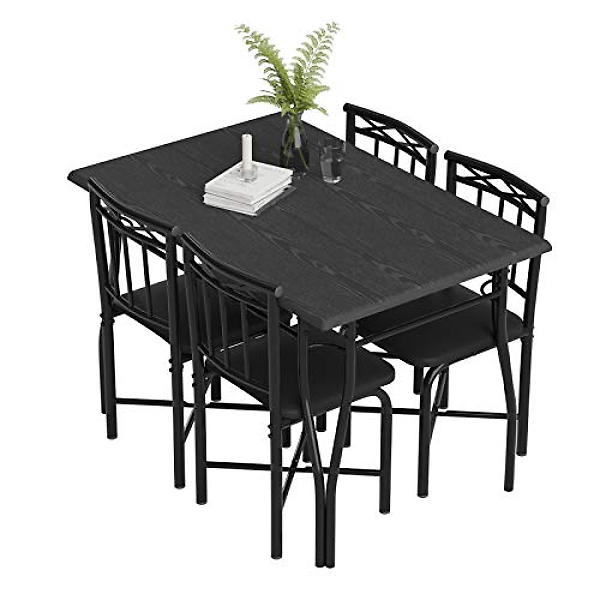 JVSCKO 5 Piece Dining Table Set for Dining Room, Kitchen Table and Faux Leather Chairs for 4, Metal Legs, Padded Seat, Black Home Furniture