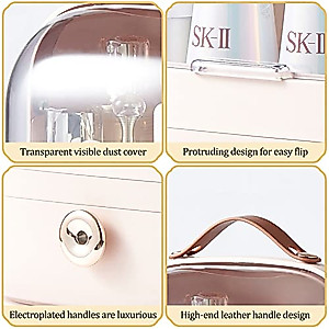 MIUOPUR Large Makeup Organizer with Brush Holder, Cosmetic Display Case with Drawer, Waterproof and Dustproof Transparent Cover, Portable Handle, Suitable for Bathroom and Bedroom -Pink