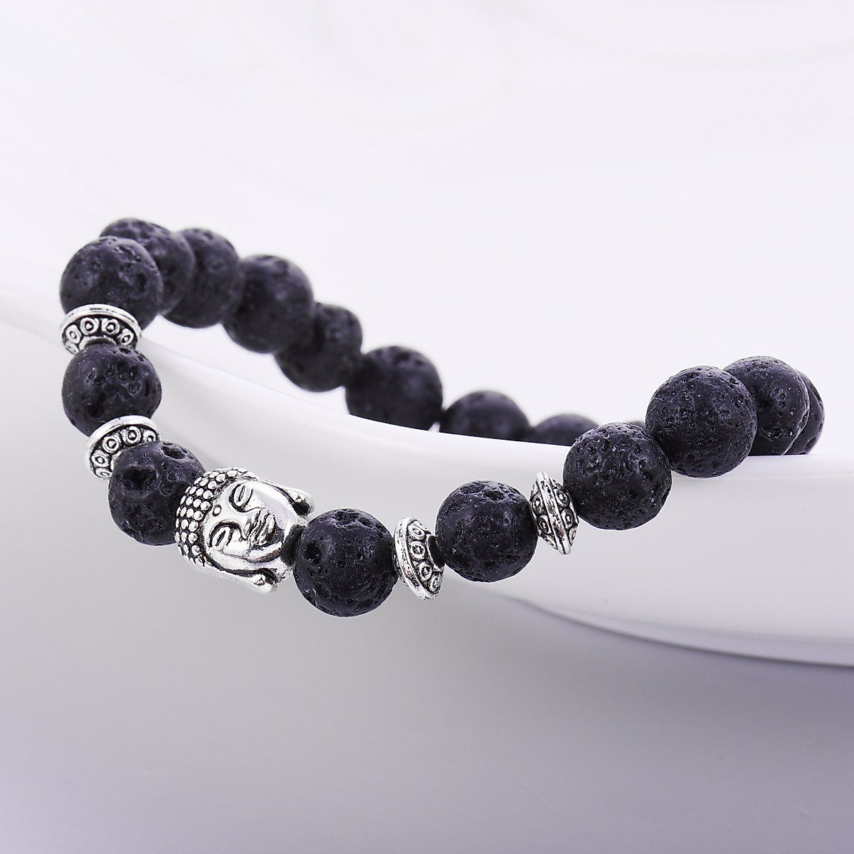 JOYA GIFT Natural Volcano Stone 8MM Round Beads Buddha head Gemstone Chakra Bracelet for Women Charms Men Jewelry