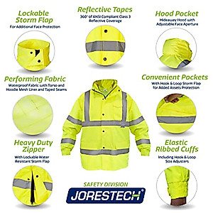 JORESTECH Safety Rain Jacket Waterproof Reflective High Visibility with Interior Mesh Yellow/Lime ANSI Class 3 Level 2 Type R JK-03 (2XL)