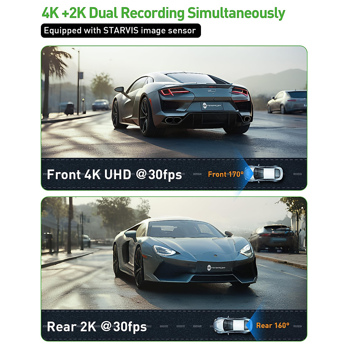GMAIPOP Dash Cam Front and Rear 4K+2K, Dual WiFi Dash Camera for Cars with 64GB Card, 3" IPS dashbord dashcam 24/7 Parking Mode,Night Vision,G-Sensor, Loop Recording,170° Wide Angle