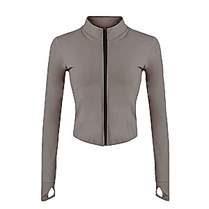 Fenclushy Womens Cropped Slim Athletic Yoga Workout Track Sports Zip Up Jacket with Thumb Holes(khaki,S)