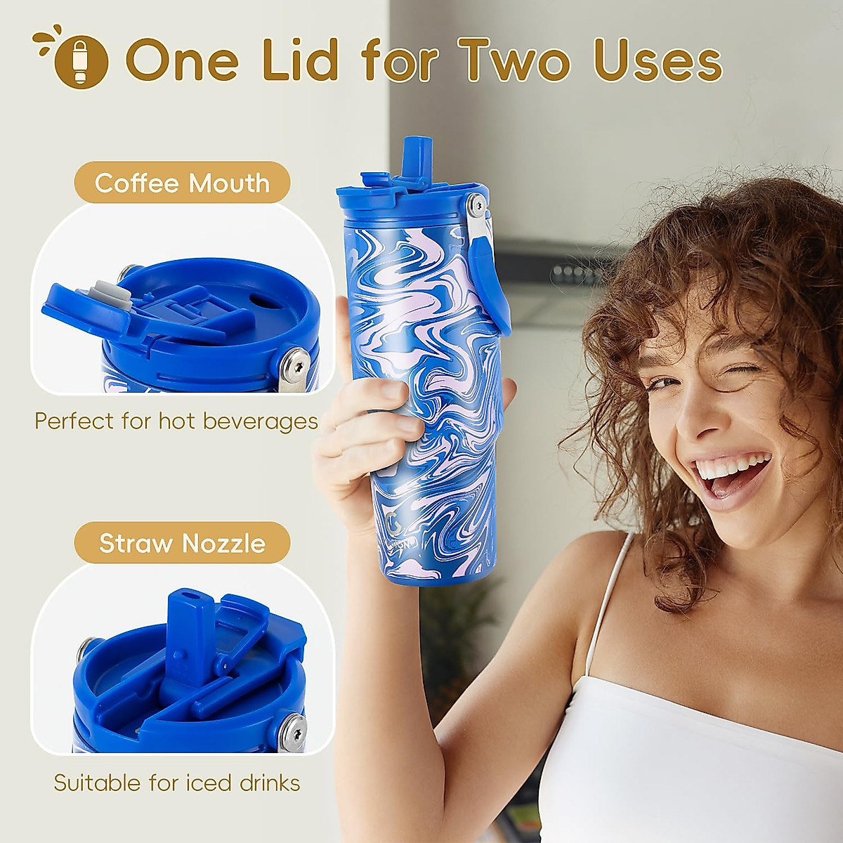 VUSIGN 30 oz Tumbler with Handle and Flip Straw, Stainless Steel Vacuum Insulated Water Bottle Travel Mug Thermal Cup for Home, Office, Car, Outdoors, Sports, Pool Swirl