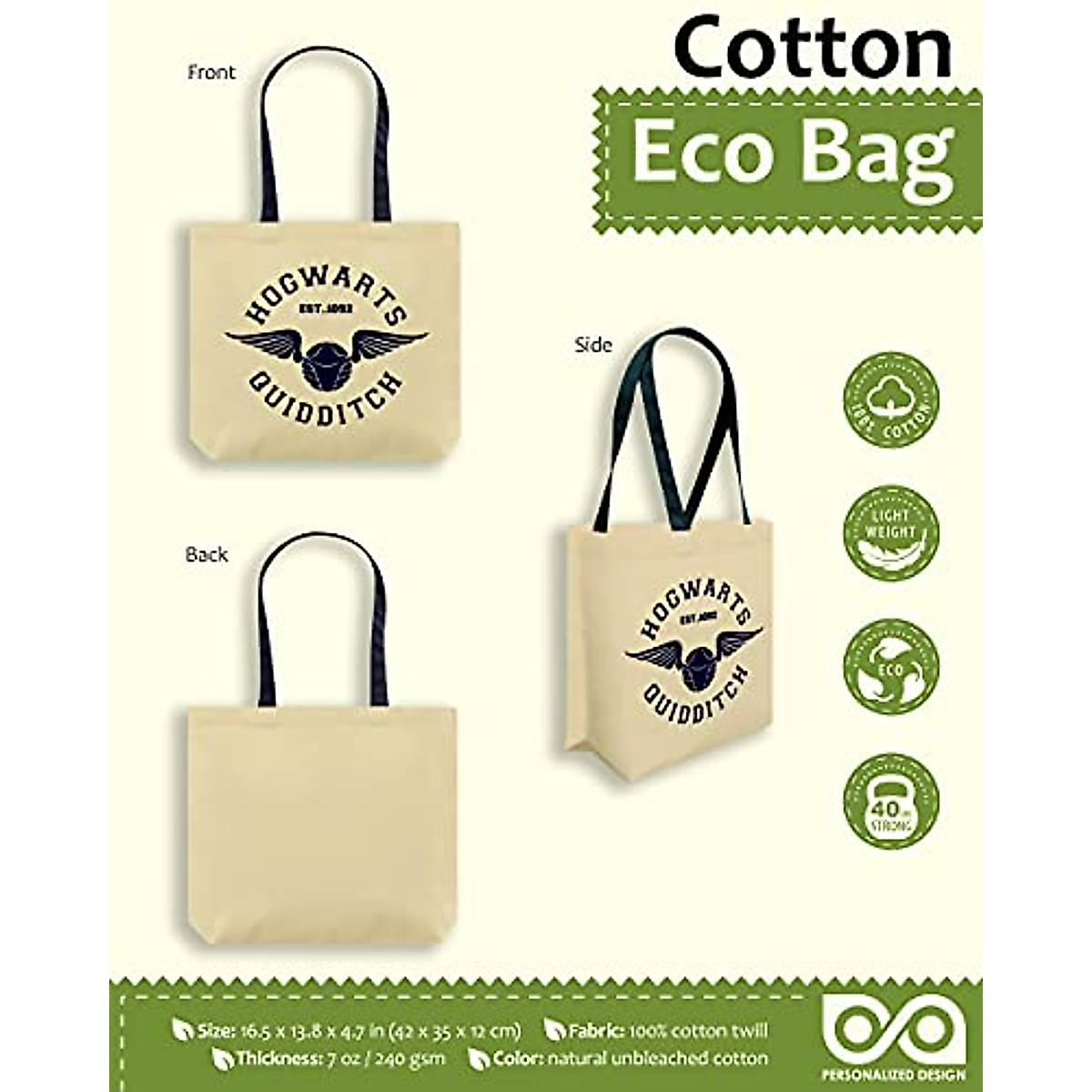 Personalized.Design Tote Bag ''Quidditch - Hogwarts. Est.1092'' - Harry Potter Cotton Canvas Organic Shoulder Craft Bag - Christmas Gifts Purse, Beige (ECBG-007)