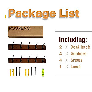ROOREVO Wall Mount Coat Rack Coat Hooks, Wall hat Hanger,Walnut,2 Pack