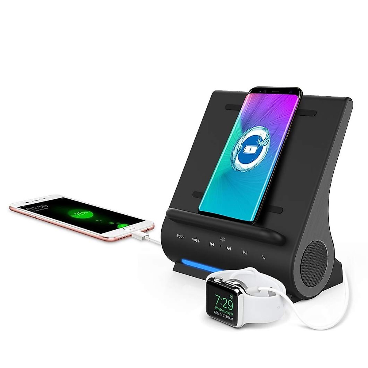 Fast Charging Wireless Charger, Bluetooth Premium Speakers, Docking Station with Built in Mic Handsfree Call, 4 in 1 Station for iPhone 16/15/14/13/12/11/X Samsung Galaxy S24/S23/S22/S21/S20