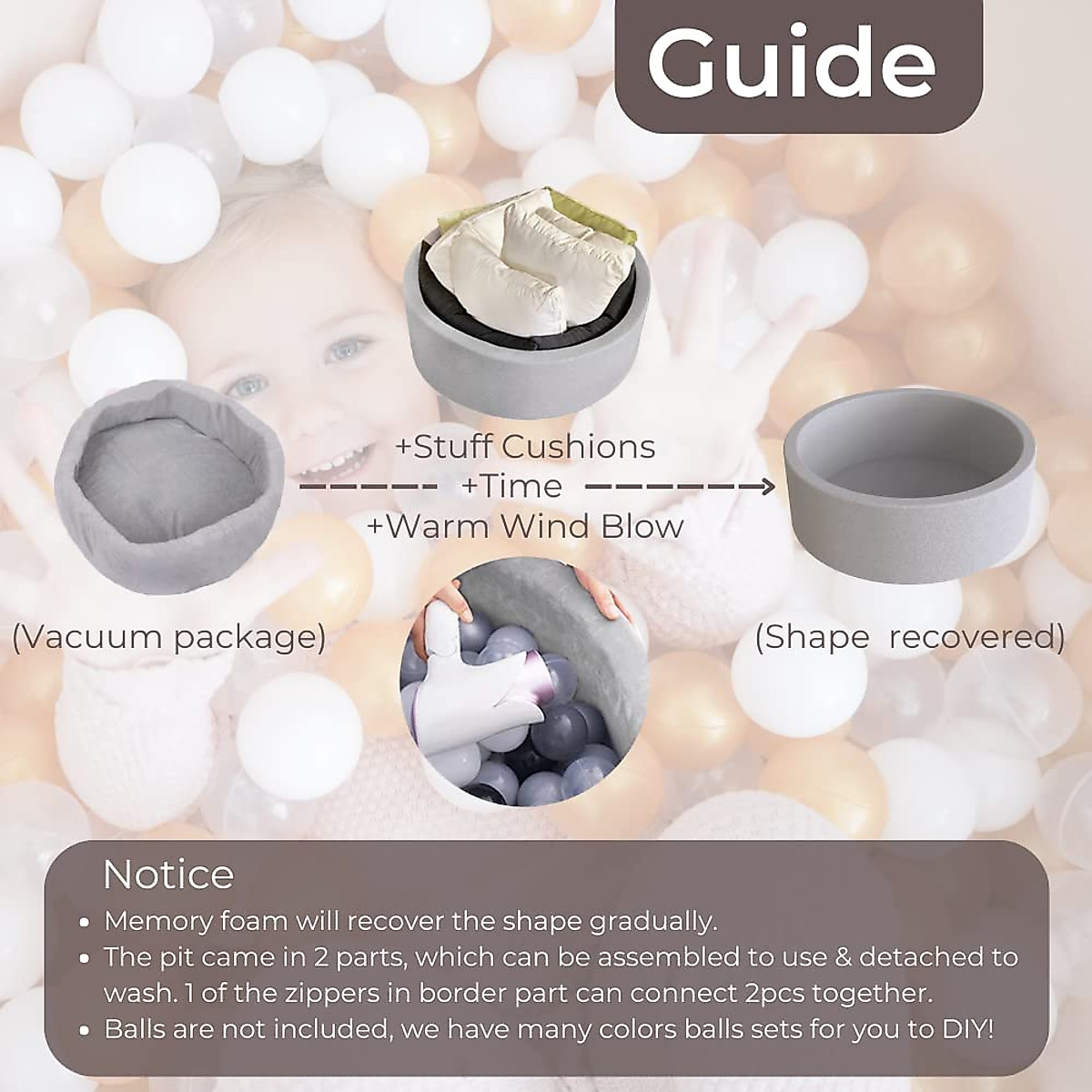 Wonder Space Deluxe Kids Round Ball Pit, Premium Handmade Kiddie Balls Pool, Soft Indoor Outdoor Nursery Baby Playpen, Ideal Gift Play Toy for Children Toddler Infant Boys and Girls (Light Grey)