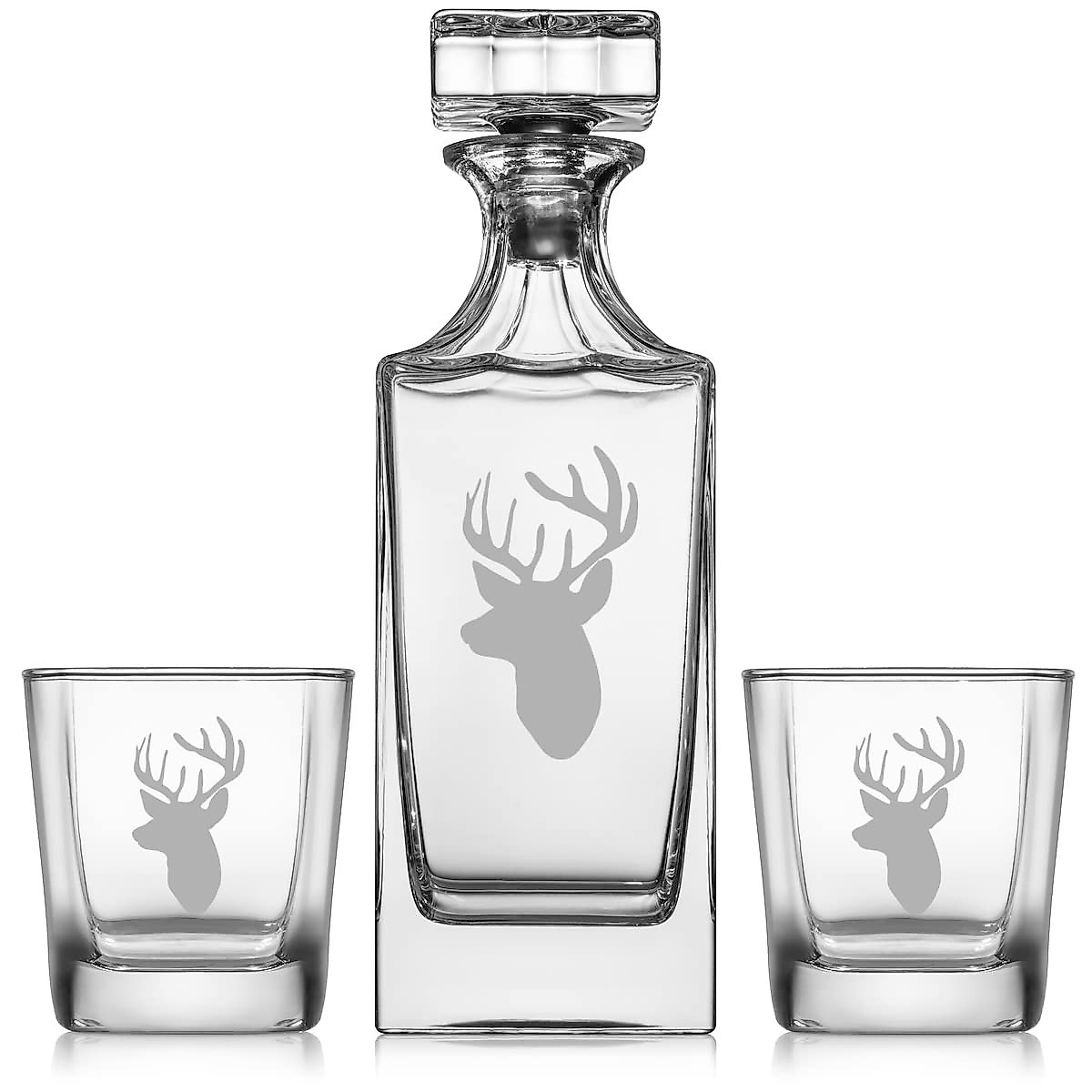 Whiskey Decanter Gift Set With 2 Whiskey Old Fashioned Rocks Glasses Deer Head with Antlers Hunting