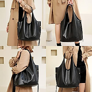 Women genuine leather hobo handbag: large capacity shopping bag tote shoulder purse black
