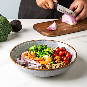 AmorArc 8.5'' Large Pasta Bowls, 36oz Ceramic Salad Serving Bowls Set of 4 for Kitchen, Wide Stoneware Bowls for Pasta,Salad,Fruit,Bread, Microwave Safe, Reactive Glaze-Blue