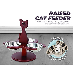 Etna Pet Store Elevated Cat Bowls - This Wooden, Raised Pet Feeder Promotes Better Digestion and is Easy on the Joints - Multiple Cat Feeder with 3 Removable Cat Bowls for Food and Water - Brown