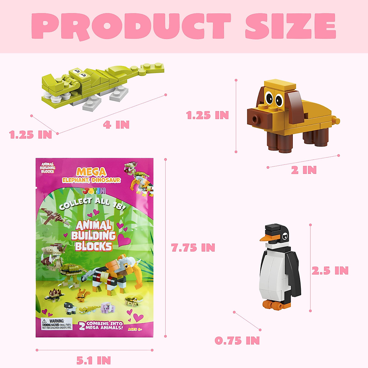 JOYIN 24 Pcs Valentine Animal Building Blocks in Blind Bags, Including Dinosaur, Sea Animal and Wildlife Creatures Design, Kids Valentine's Day Party Favors, Gift Exchange, STEM Educational Toy
