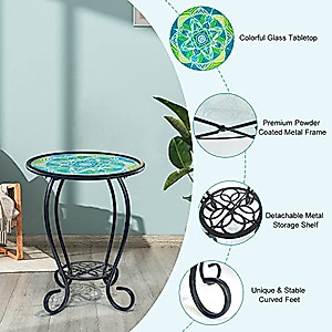 HONGLAND Mosaic Outdoor Side Table, 14" Round Patio Side Table, Mosaic Plant Stand, End Table W/Storage Shelf, Small Bistro Coffee Table for Garden Patio Porch Living Room(Green)