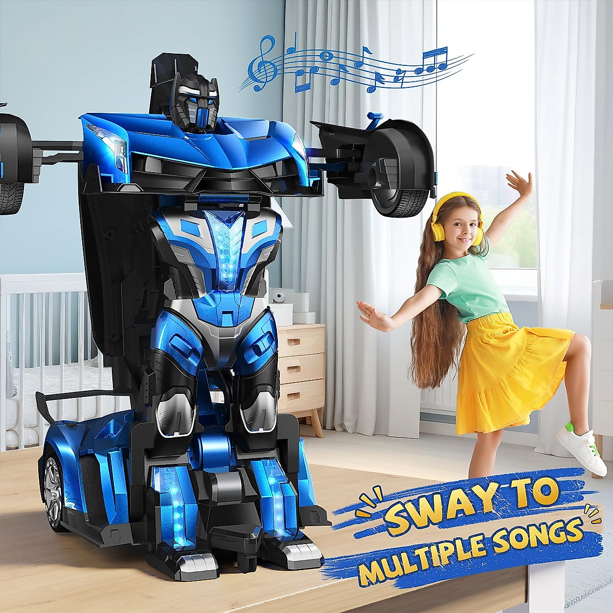 Veeniix V991 Transform Remote Control Car, 1:10 Big Size, 2 Rechargeable Batteries for 70Min, 2.4GHz Gesture Sensing, One-Key Deformation, Robot Toys Gifts for Boys and Girls (Blue)