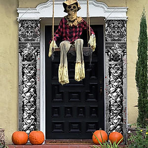 Halloween Gothic Mansion Banners Halloween Skull Hanging Porch Sign with Welcome Foolish Mortals Banner Spooky Halloween Pillar Sign Home Indoor Outdoor Party Supplie