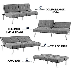 HOMEFLA Sofa Bed, Convertible Sofa with Sturdy Frame, Adjustable Sleeper Sofa for Living Room, Bedroom, Lounge, Dorm or Office Reception Room, 36" D x 65" W x 32" H, Grey