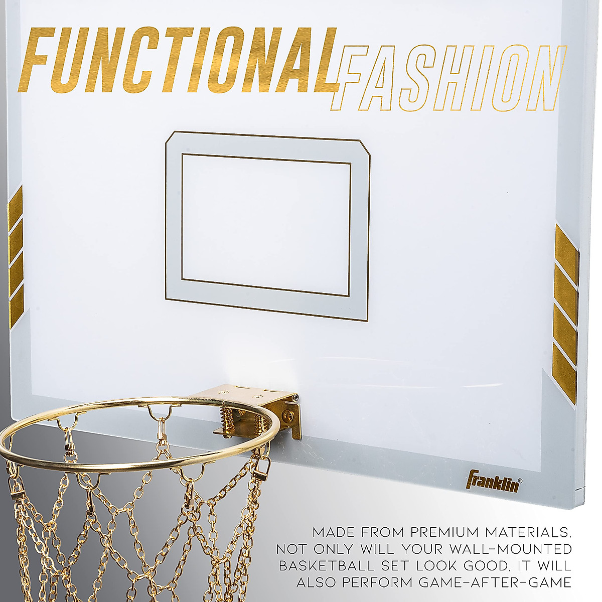 Franklin Sports Mini Basketball Hoop - Premium Gold Chrome Wall Mounted Backboard Mini Hoop with Rim + Net - Ball Included - Perfect Bedroom Accessory