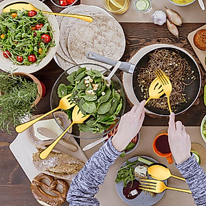 Homikit 3 Pieces Large Gold Serving Spoons, 3 Slotted Serving Spoons and 3 Serving Forks, Stainless Steel Serving Utensils Hostess Set for Catering Buffet, Dishwasher Safe