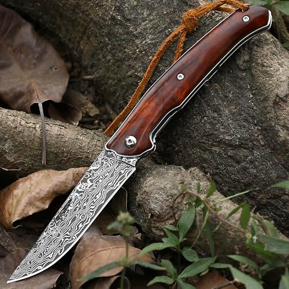 Omesio Damascus Pocket Knife with Leather Sheath for Men Women, Wooden Handle, Vg-10 Steel Damascus Folding Knife, 3.54 Inch Blade Foldable EDC Knife for Camping Fishing Hiking Hunting Gift