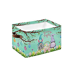 Spring Easter Storage Bins 1 Pack, Waterproof Storage Baskets for Shelves Closet, Gnome Bunny Colorful Eggs Tree Easter Basket Storage Basket Foldable Storage Box Cube Storage Organizer with Handles