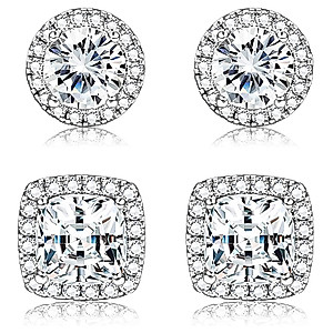 1-2 Pairs 925 Sterling Silver Mens Earrings Cubic Zirconia Halo Stud Earrings for Men 18K Gold Plated Heart/Round/Square Cut CZ Stud Earrings Set for Women Men