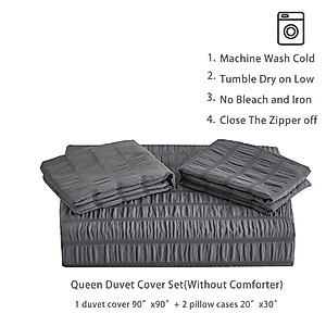 Duvet Cover Set Queen, Seersucker Stripe Textured 100% Soft Microfiber Duvet Cover with Zipper and 2 Pillowcases, Ultra Soft Simple Style Farmhouse Comforter Cover Set (Dark Grey/Queen)…