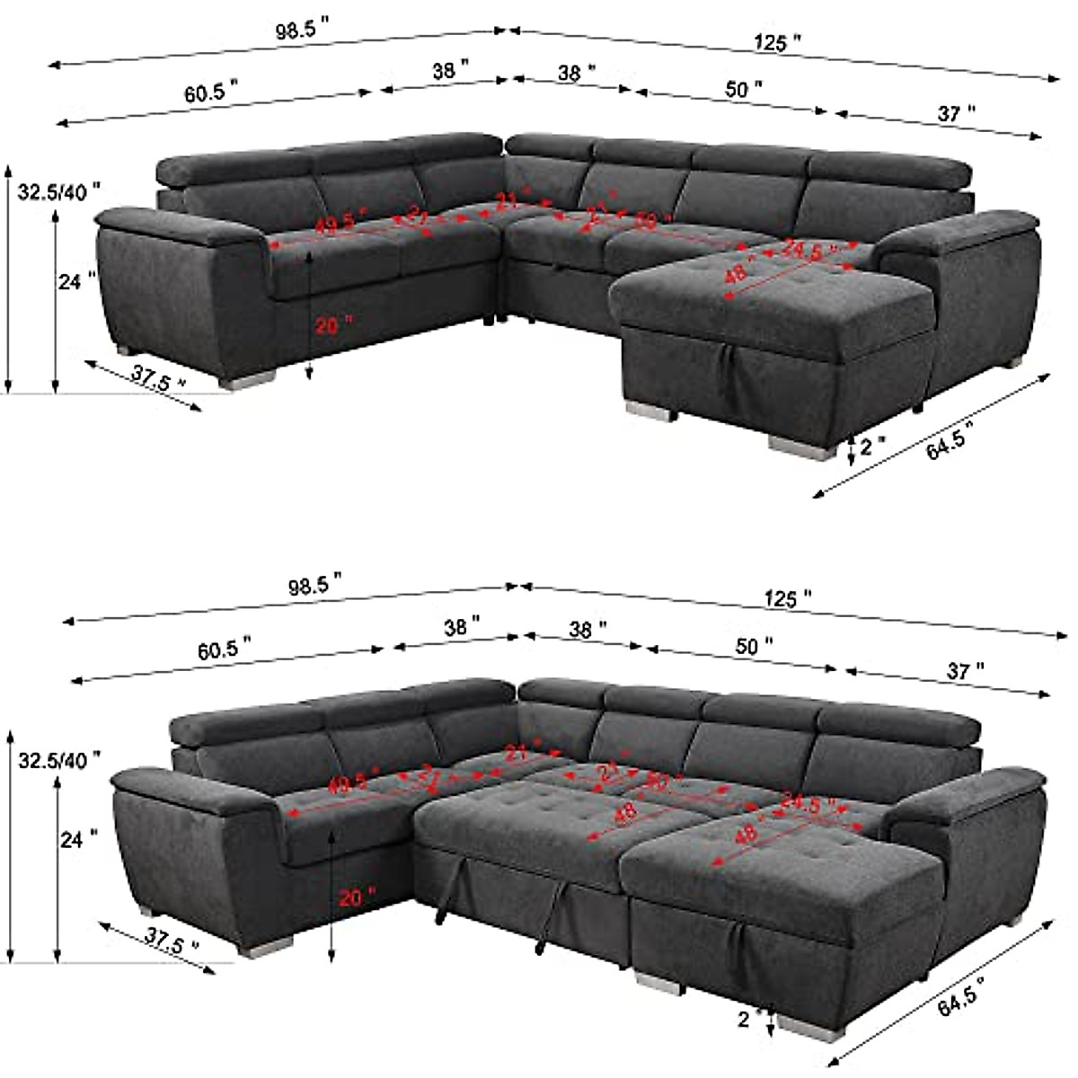 FANYE Oversized U-Shaped Sleeper Sectional Sofabed Sofa W/Pull Out Couch Bed & Wide Storage Chaise,7 Seaters Convertible Sofa&Couch with Adjustable Headrests for Home Apartment Living Room