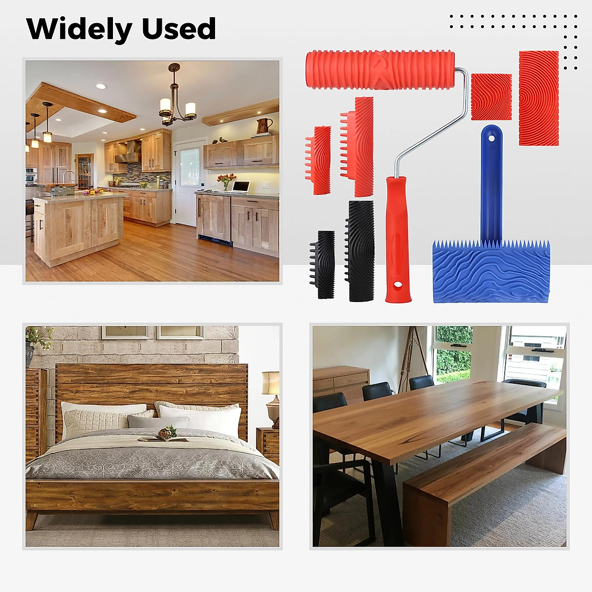 Wood Graining Tool, 8PCS Wood Grain Painting Tool Set, Wood Grain Painting Roller with Handle, DIY Rubber Wood Graining Decorating Tool for Walls, Floors, Decks, Furniture (8)