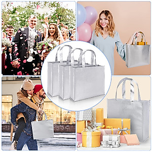 PHOGARY 12 Large Gift Bags with Handles (Silver), Stylish Tote Bags for Birthday Wedding Party Favor Christmas Wrap, Reusable Glossy Grocery Bags, non-woven fabric