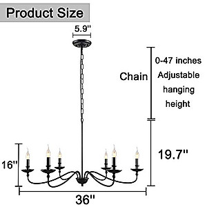 SEOL-Light 36" Dia Classic Candelabra Style Large Branch Iron Chandeliers Ceiling Hanging Pendant Light Fixture 6 Light 240W Black Painted Indoor