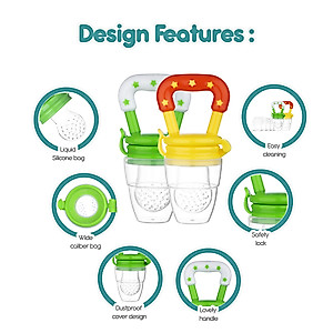 Baby Fruit Feeder Pacifier (2 Pack), Fresh Food Feeding Teether for Toddler, BPA Free, Soothing Gum Relief, Infant Silicone Teething Toy, Includes All The Sizes of The Silicone Nipple Pouches